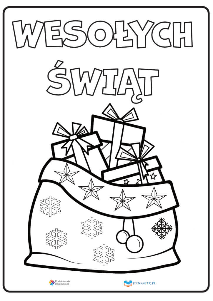 Worek Mikołaja na prezenty do druku. Kolorowanka, rysunek, szablon