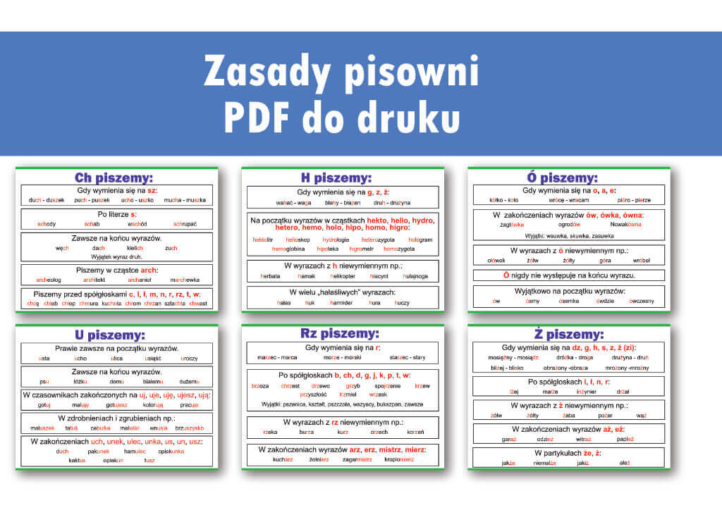 Zasady pisowni do druku. Plansze z "rz", "ż", "ó", "u", "ch" i "h"